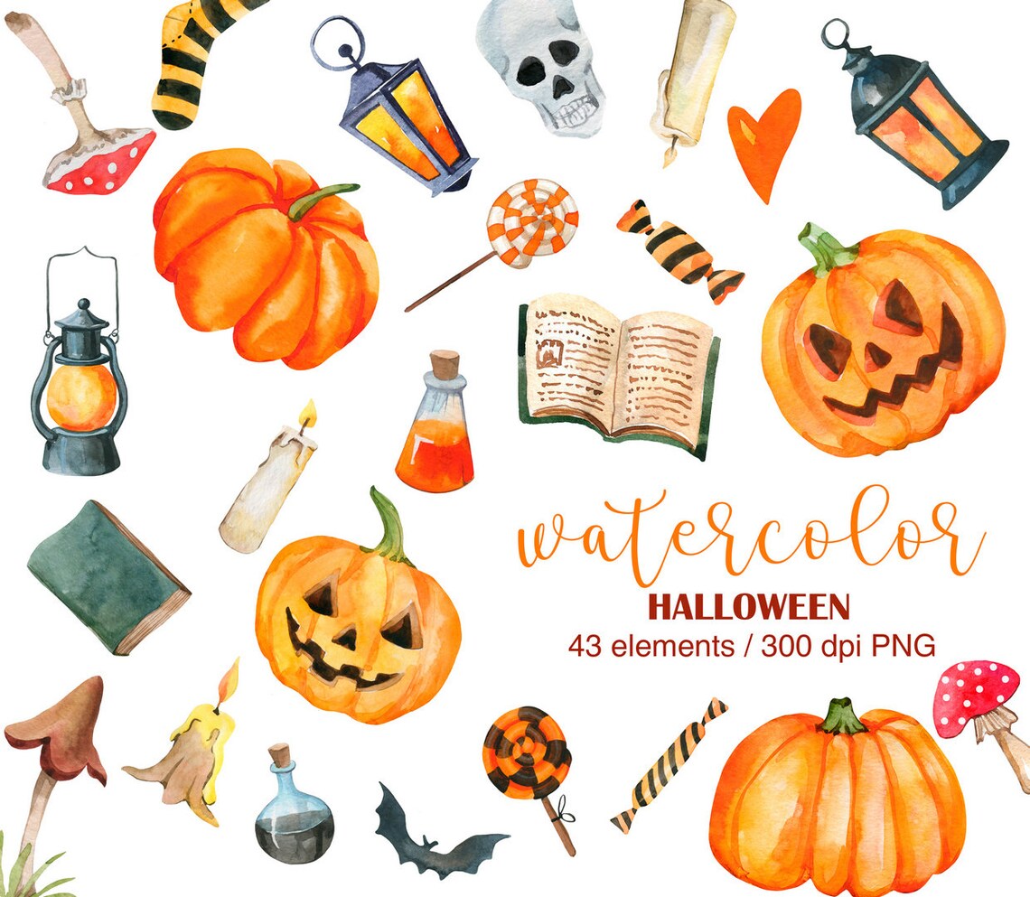 Watercolor Halloween Clipart Pumpkin Clipart PNG Trick or - Etsy