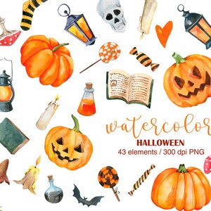 Watercolor Halloween Clipart, Pumpkin Clipart, PNG, Trick or Treating ...