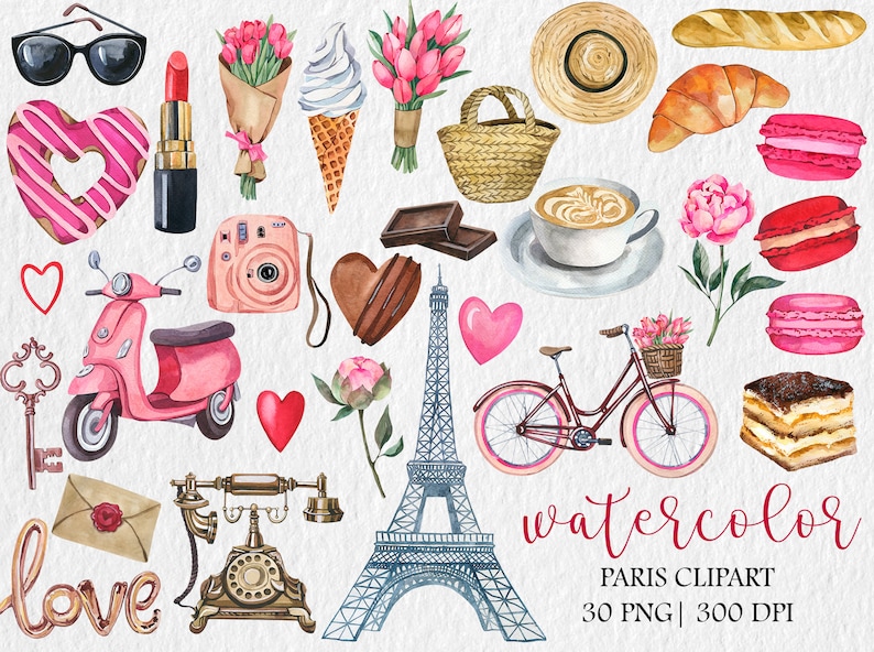 Watercolor Paris Clipart, Eiffel Tower, Travel Clipart, France, Love ...
