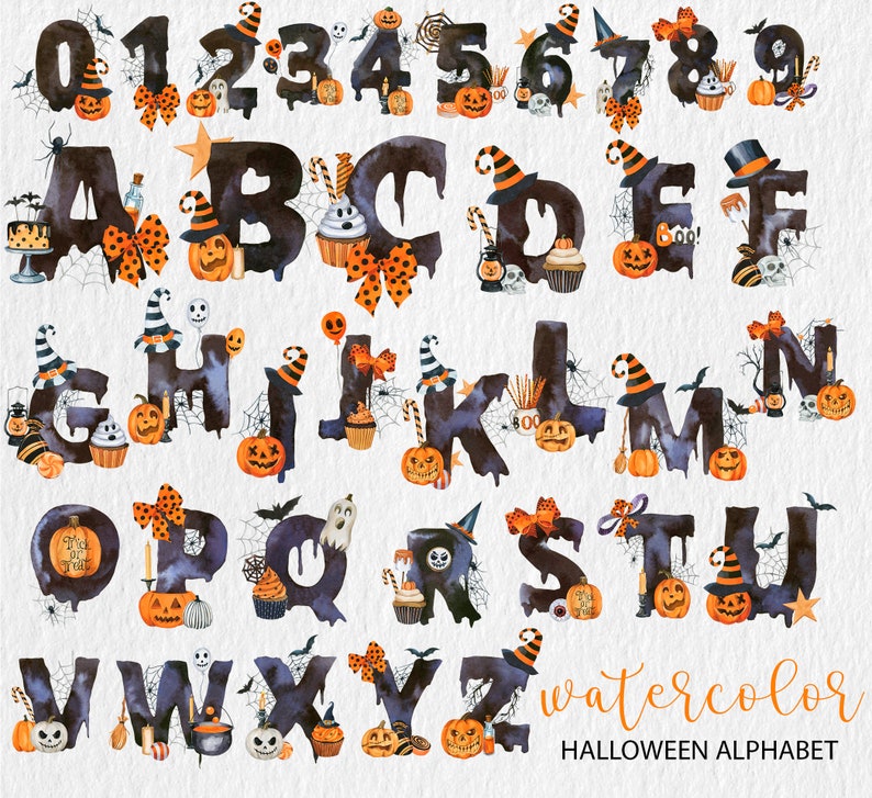 Watercolor Halloween Alphabet Clipart Alphabet PNG Halloween - Etsy