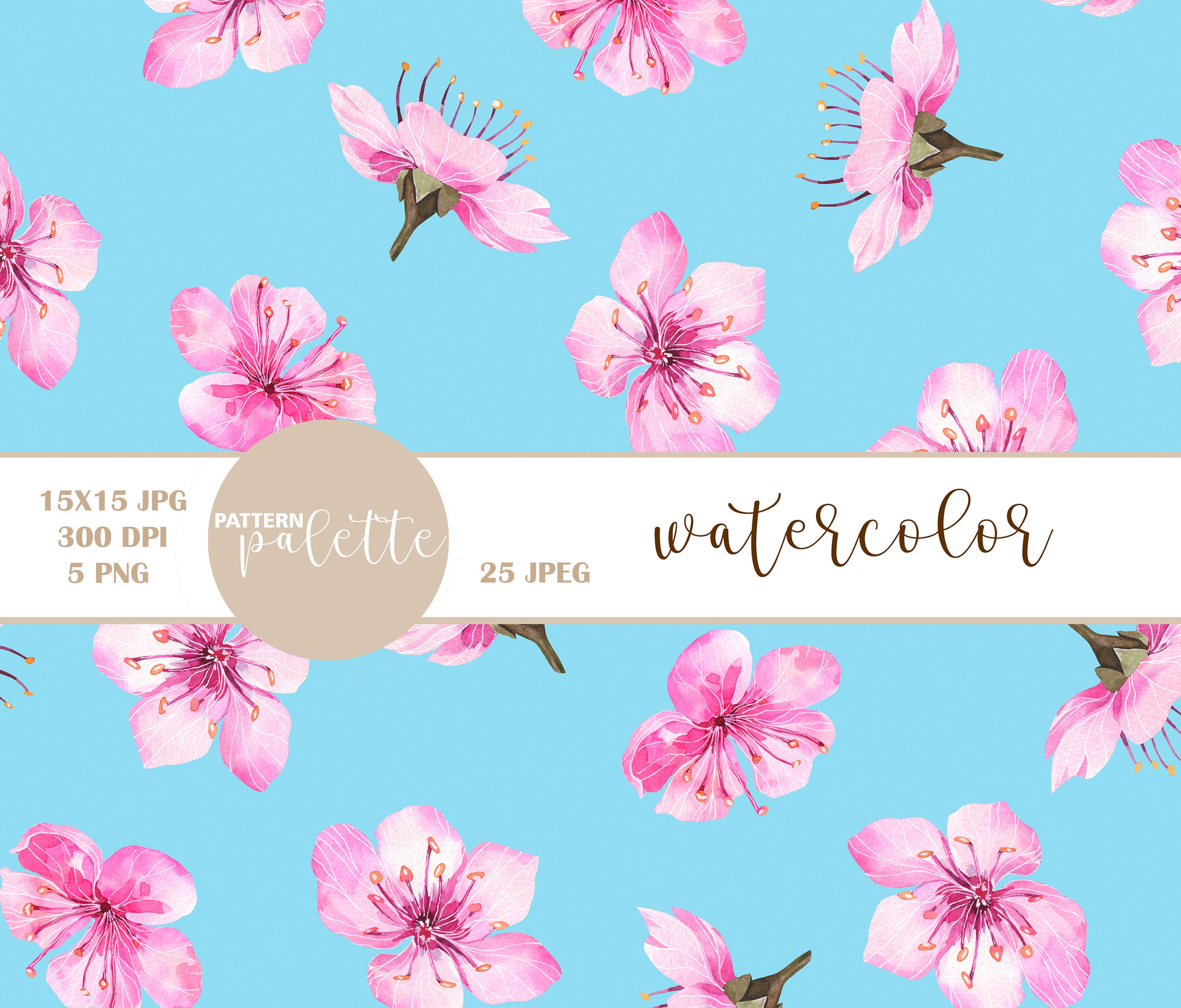 Watercolor Sakura Pattern, Cherry Blossom Digital Paper, PNG, Sakura ...