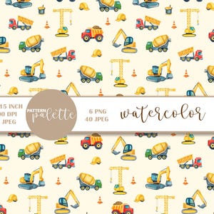 Watercolor Construction Truck Seamless Patterns Construction Digital ...