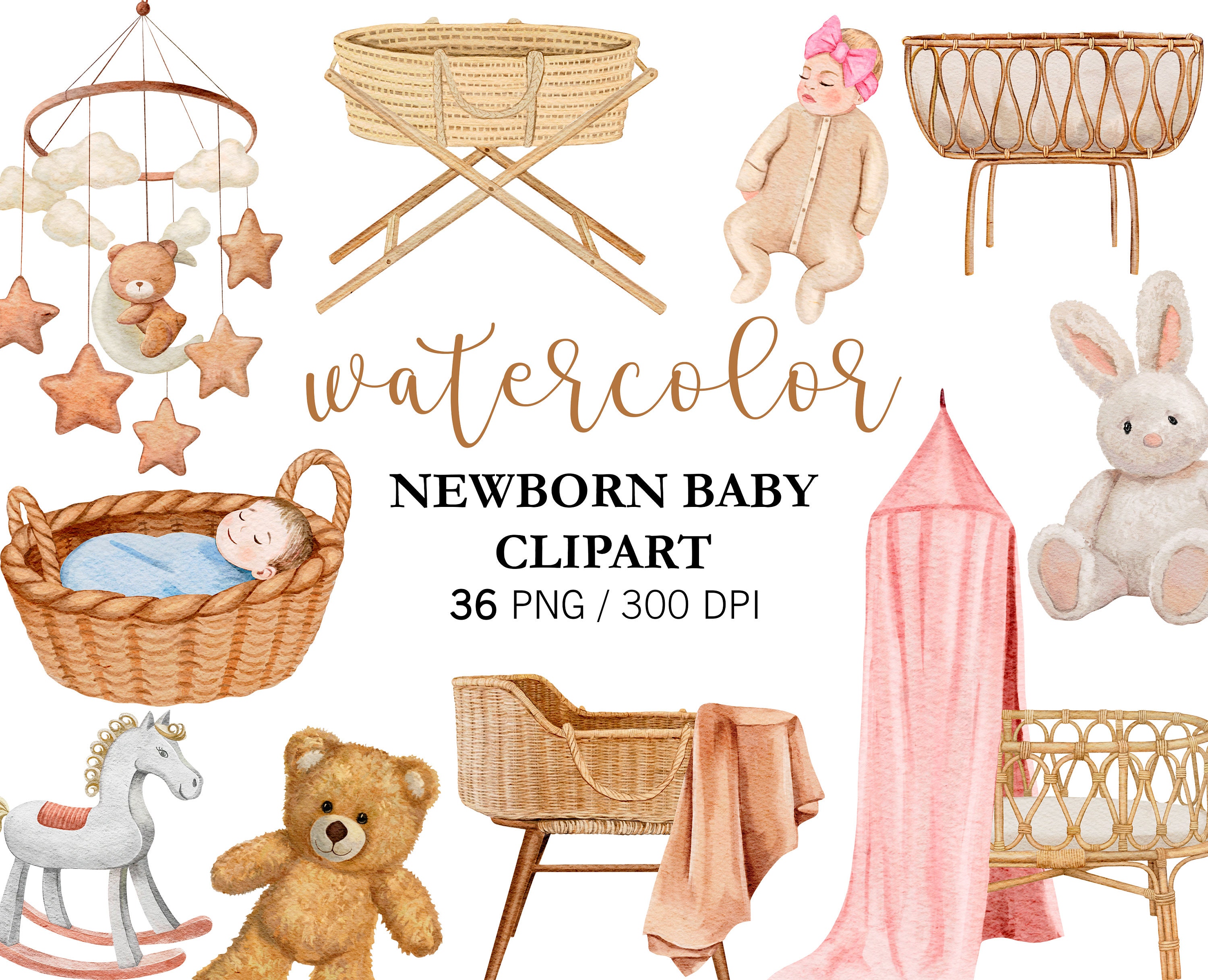 Watercolor Newborn Baby Clip Art, PNG Nursery Decor, Watercolor Baby ...