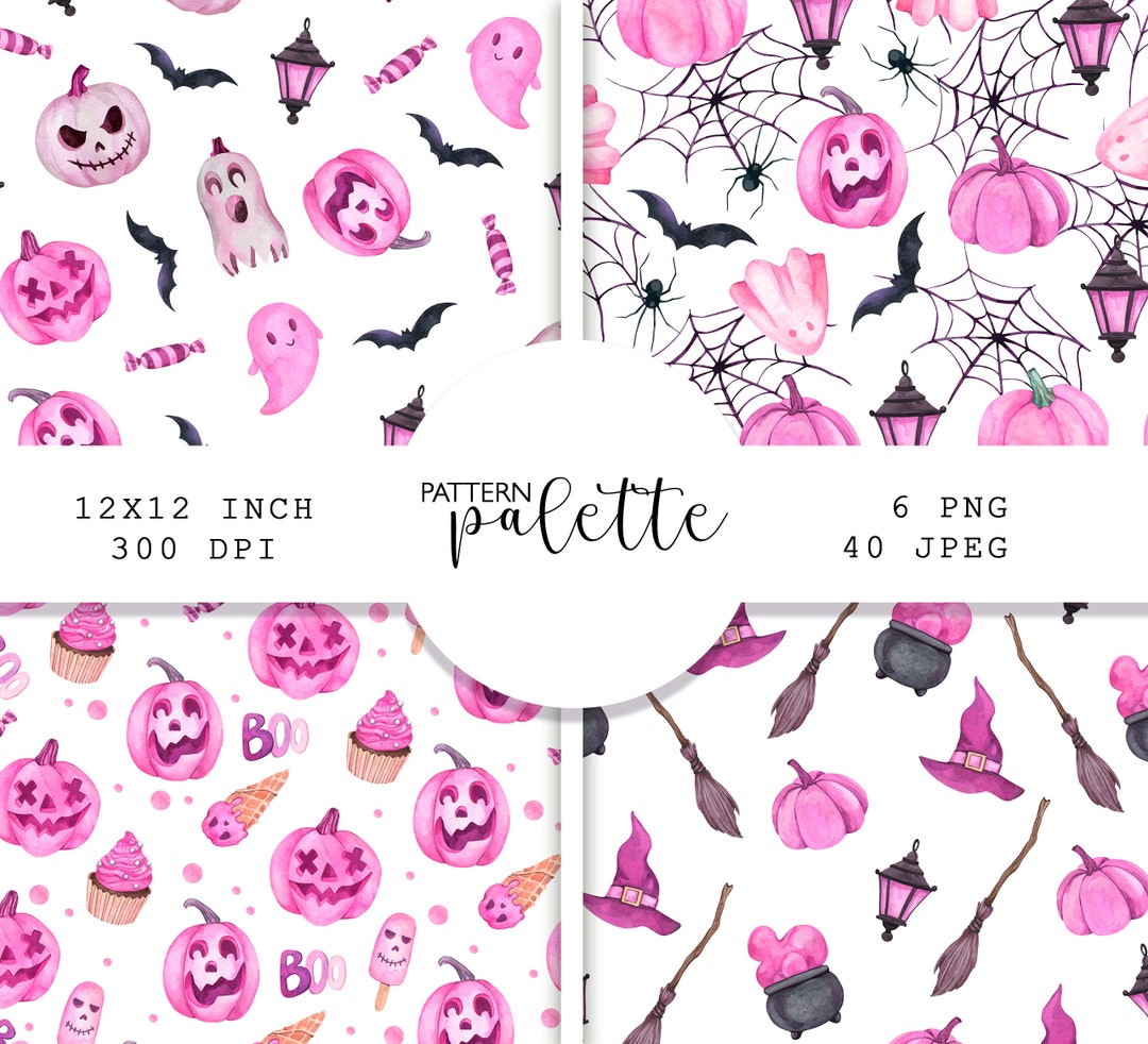 Watercolor Pink Halloween Seamless Patterns, Halloween Digital Paper ...