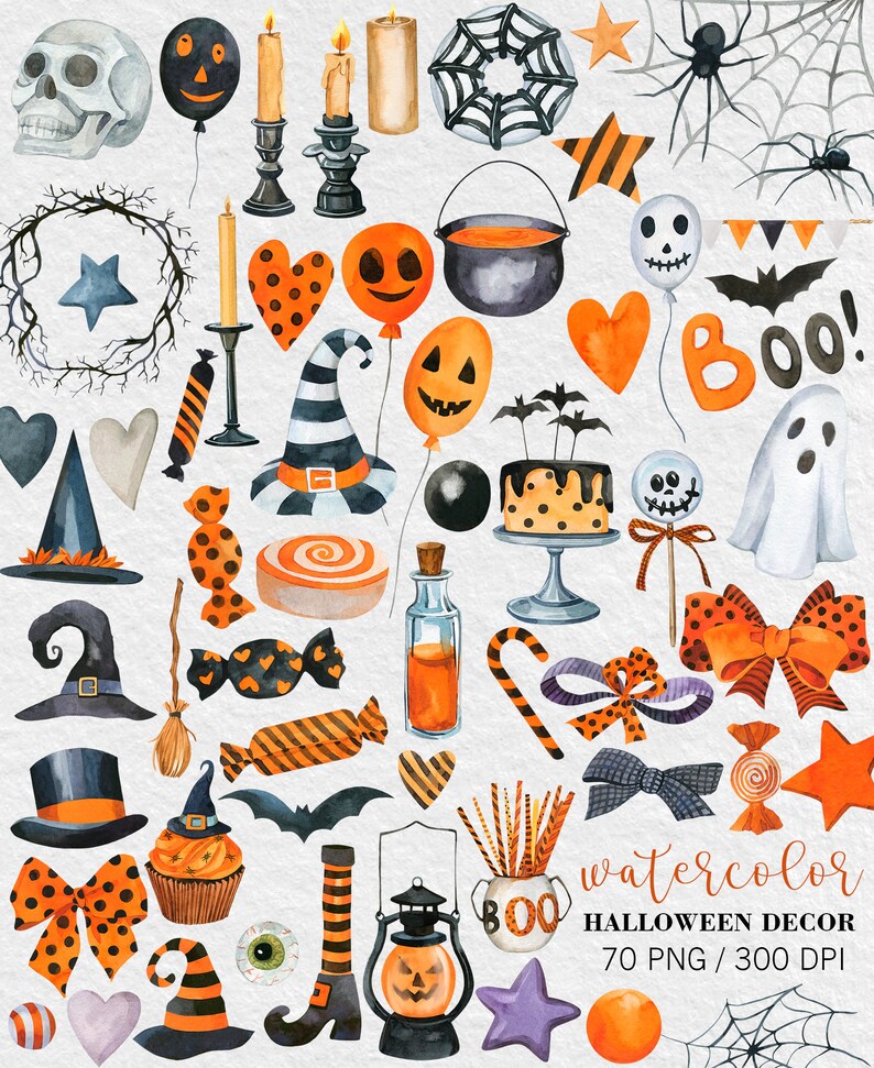 Watercolor Halloween Clipart PNG Fall Clipart Halloween - Etsy