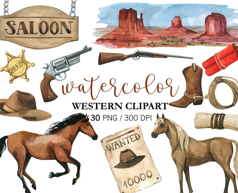 Watercolor Western Clipart, Wild West Clipart, Cowboy Clipart, PNG ...