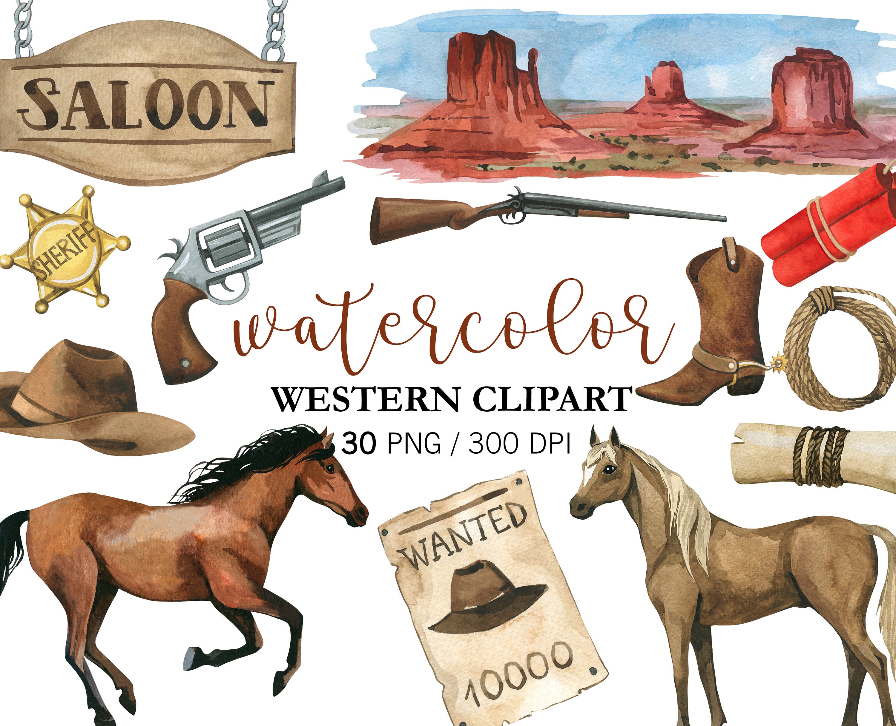 Watercolor Western Clipart Wild West Clipart Cowboy Clipart - Etsy