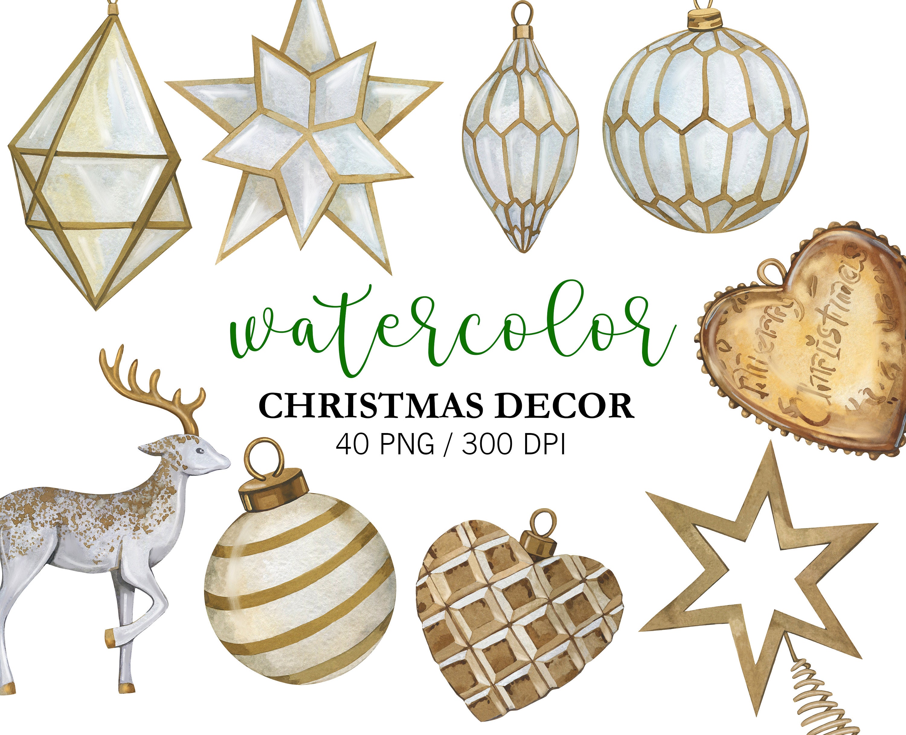 Watercolor Gold Christmas Clipart, Christmas Decor, PNG, Gold Decor ...