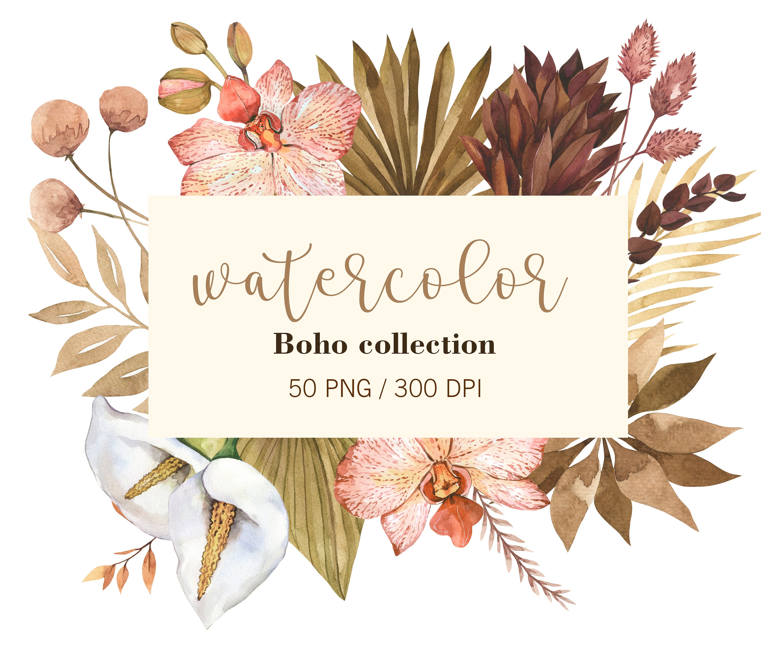 Watercolor Boho Floral Clipart Dried Palm Leaf Clipart Boho - Etsy