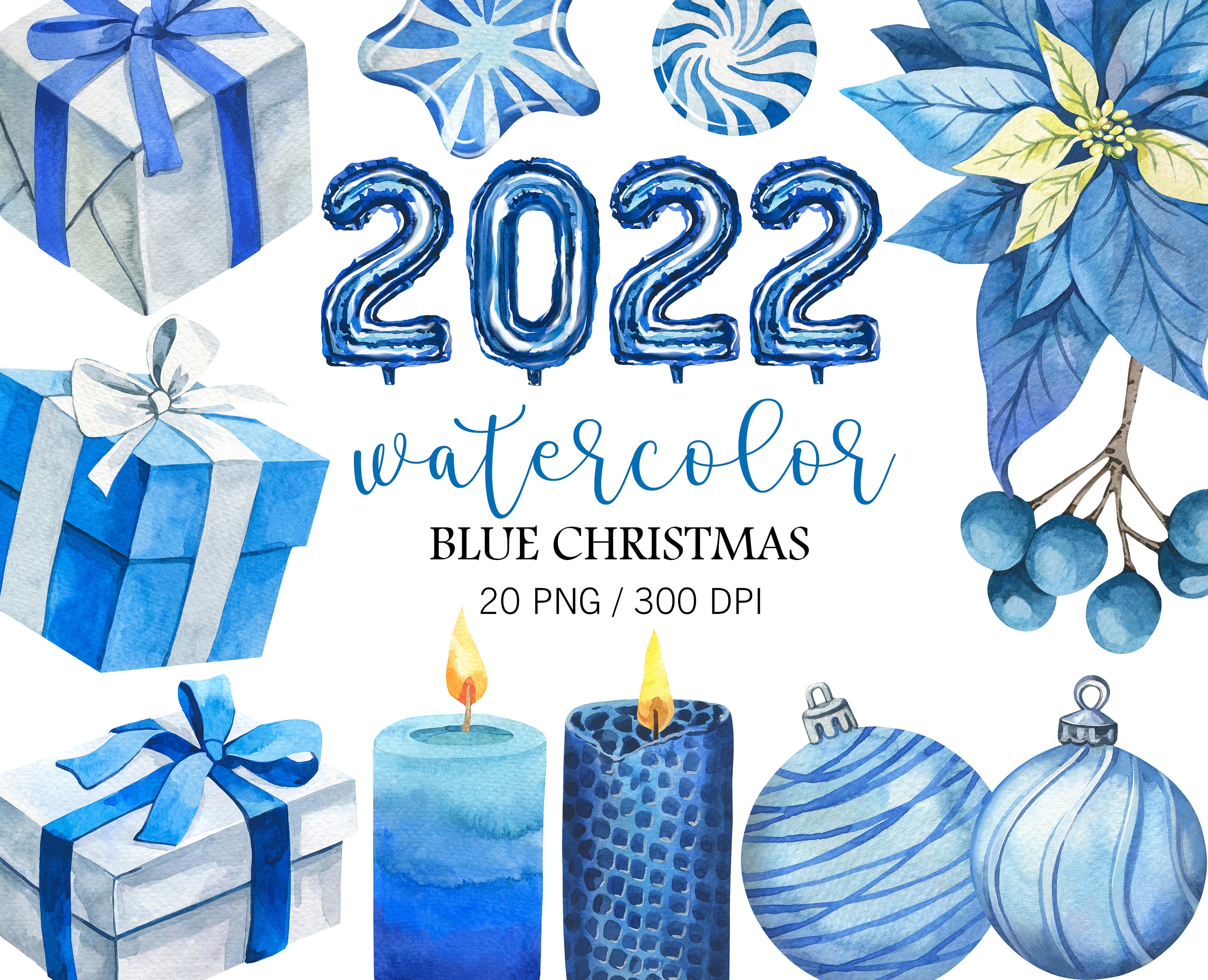 Watercolor Blue Christmas Clipart Christmas Decor Watercolor | Etsy