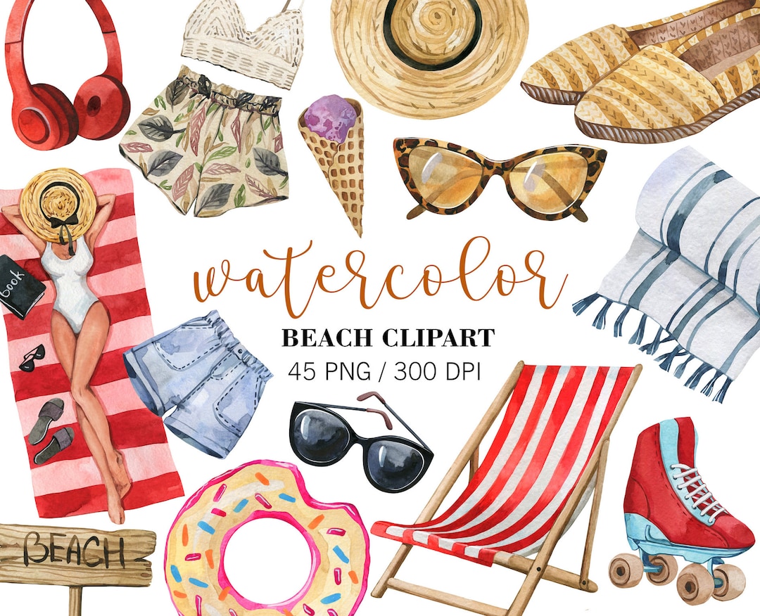 Watercolor Beach Clipart, Vacation Clipart PNG, Travel Clipart, Summer ...
