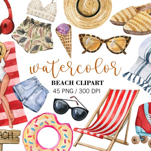 Watercolor Summer Beach Clipart. Summer Vacation PNG. Travel - Etsy