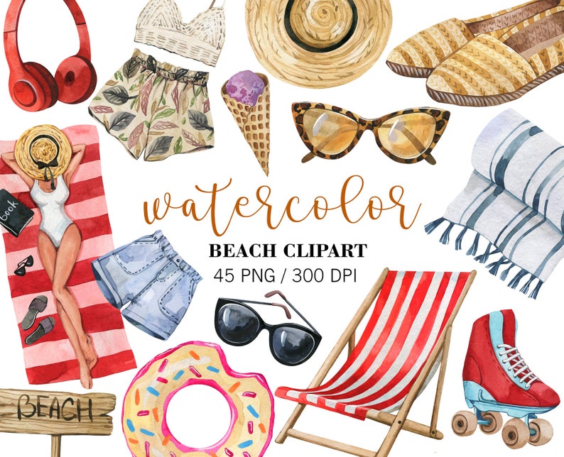 Watercolor Beach Clipart, Vacation Clipart PNG, Travel Clipart, Summer ...
