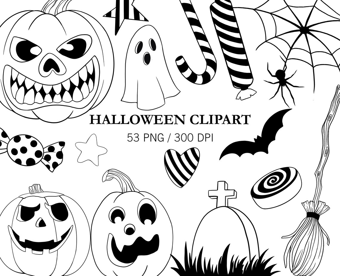 Black Line Halloween Clipart Line Drawing Doodle Clipart - Etsy