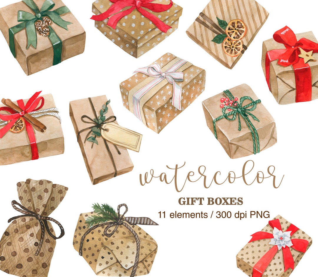 Watercolor Gift Box Clipart, PNG, Christmas Presents, Craft Gifts ...
