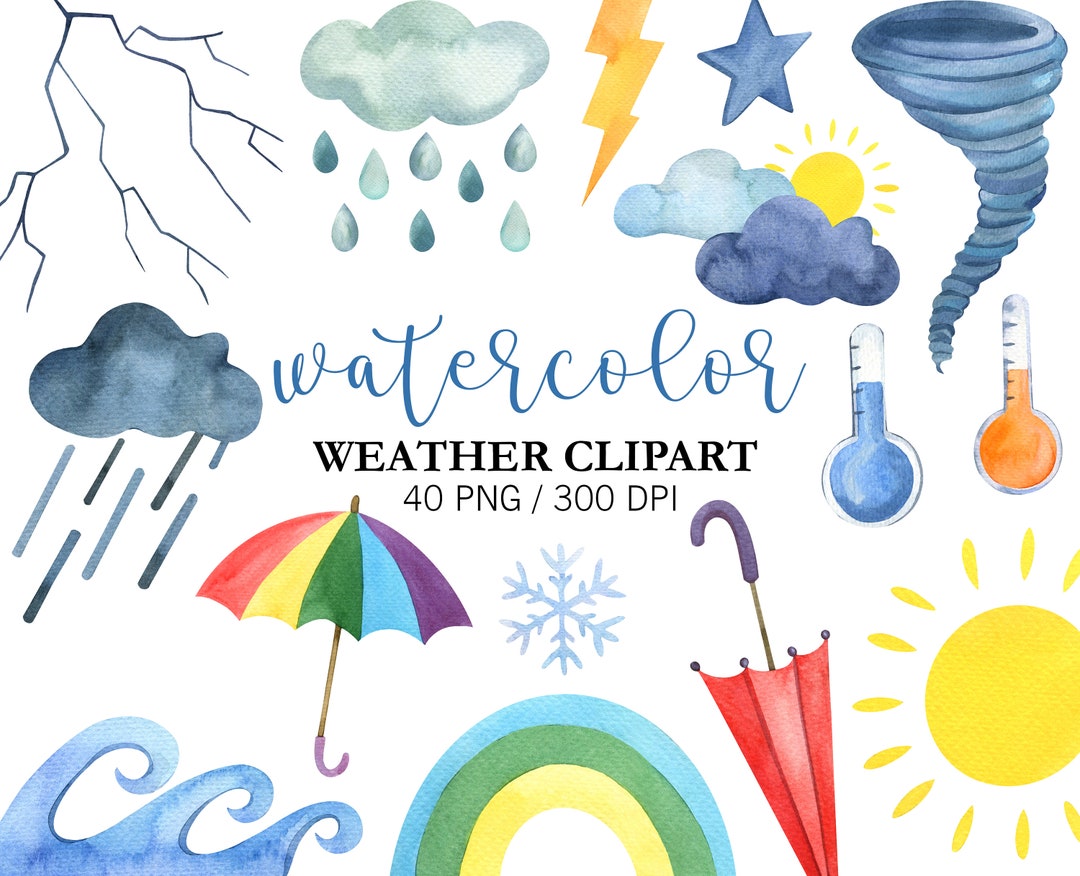 Watercolor Weather Clipart, Cloud Clipart, Spring Clipart, Rain, Snow ...