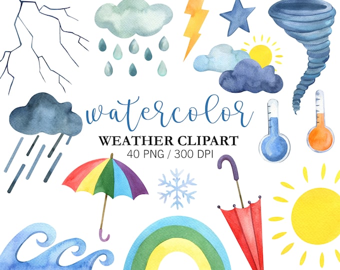 Watercolor Weather Clipart: Rainbow, Sun, Clouds (PNG Digital Download ...