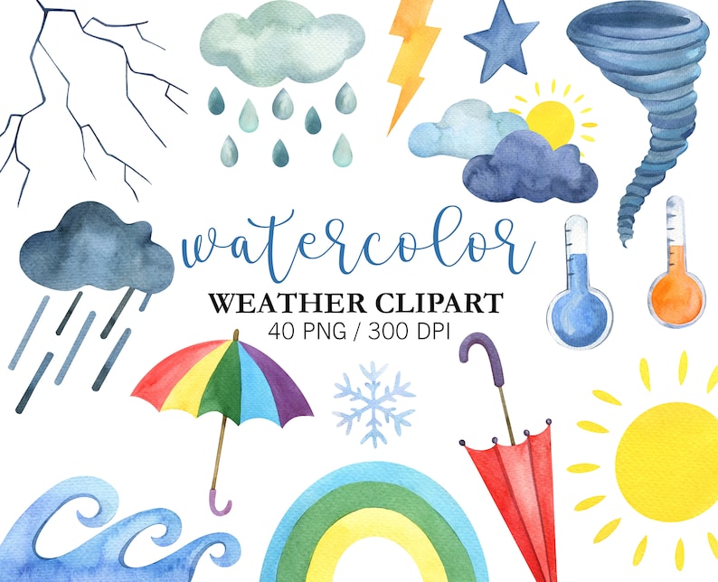 Watercolor Weather Clipart: Rainbow, Sun, Clouds (PNG Digital Download ...