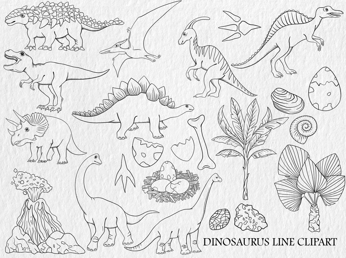 Dinosaur Black Line Clipart: Nursery Decor PNG Digital Download - Etsy