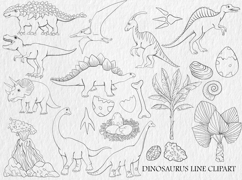 Dinosaur Black Line Clipart: Nursery Decor PNG Digital Download - Etsy