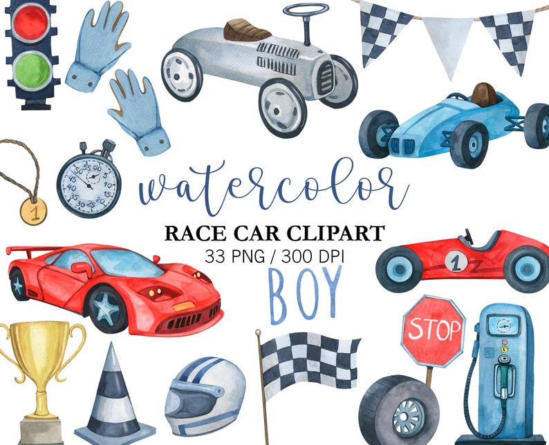Watercolor Race Car Clipart PNG, Baby Boy Nursery Decor, Hand Painted ...