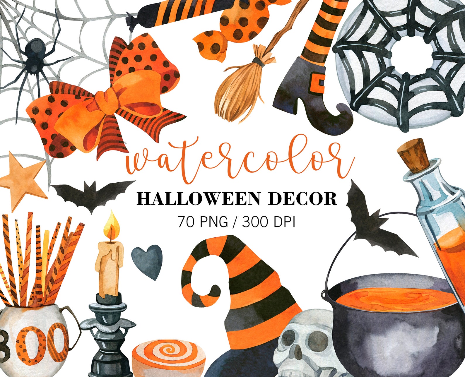Watercolor Halloween Clipart PNG Fall Clipart Halloween - Etsy
