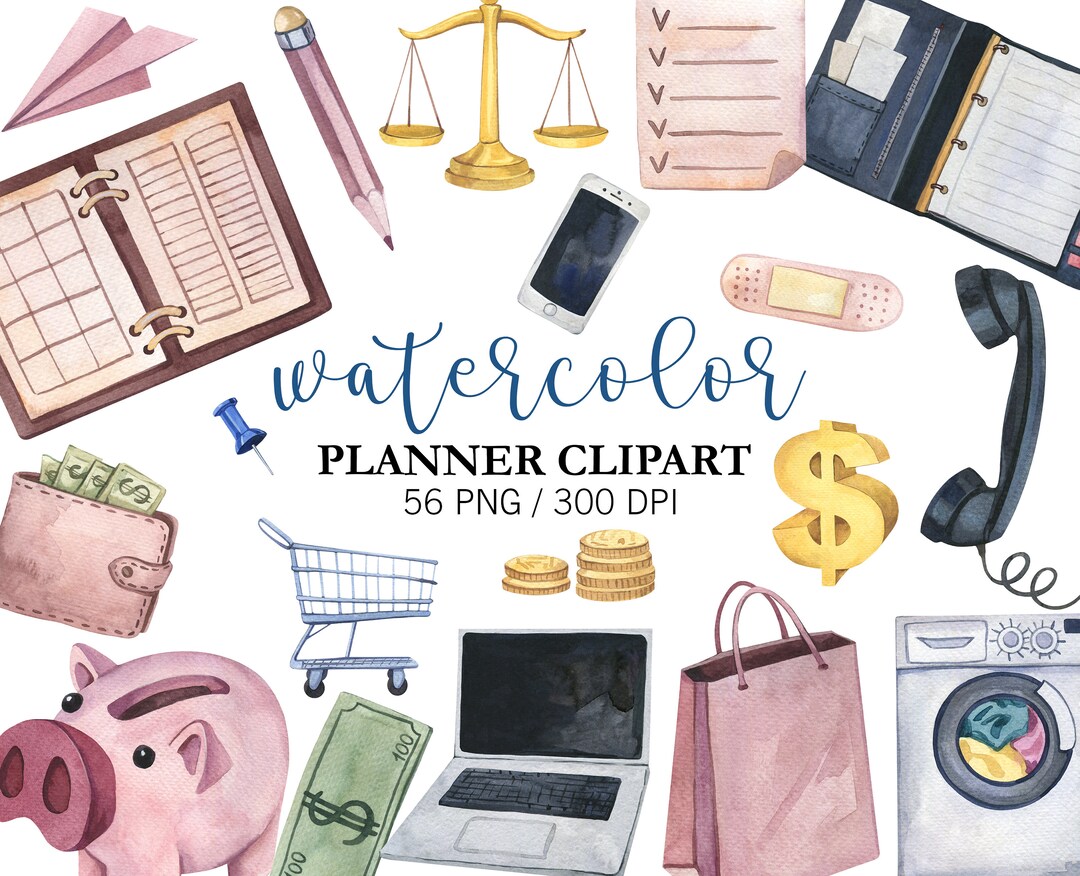 Watercolor Planner Clip Art, Planner Stickers, Work, Finance, Loundry ...