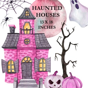Watercolor Pink Haunted House, Pink Halloween Clipart, Halloween Horror ...