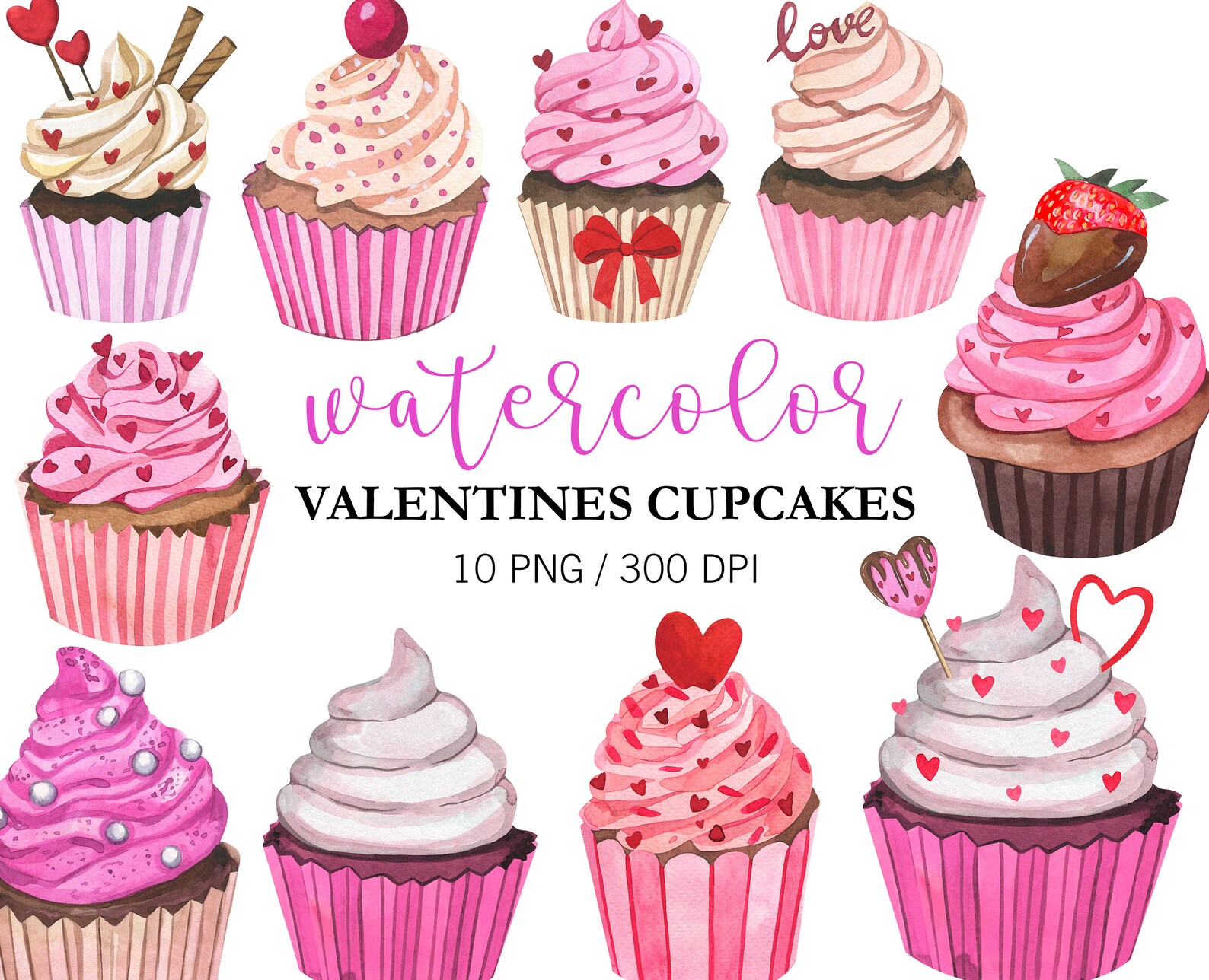 Watercolor Valentines Day Cupcakes Clipart, Valentines PNG, Valentines ...