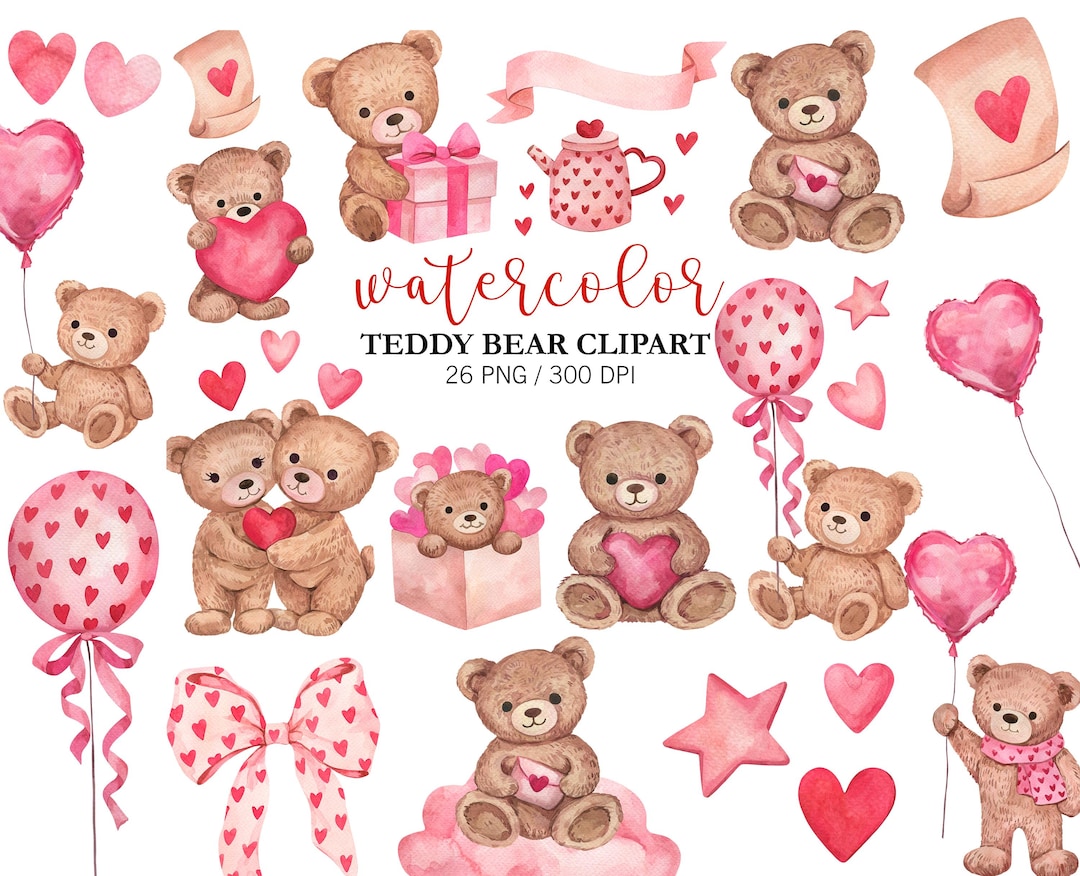 Watercolor Valentines Teddy Bear Clipart PNG, Valentines Day Clipart ...