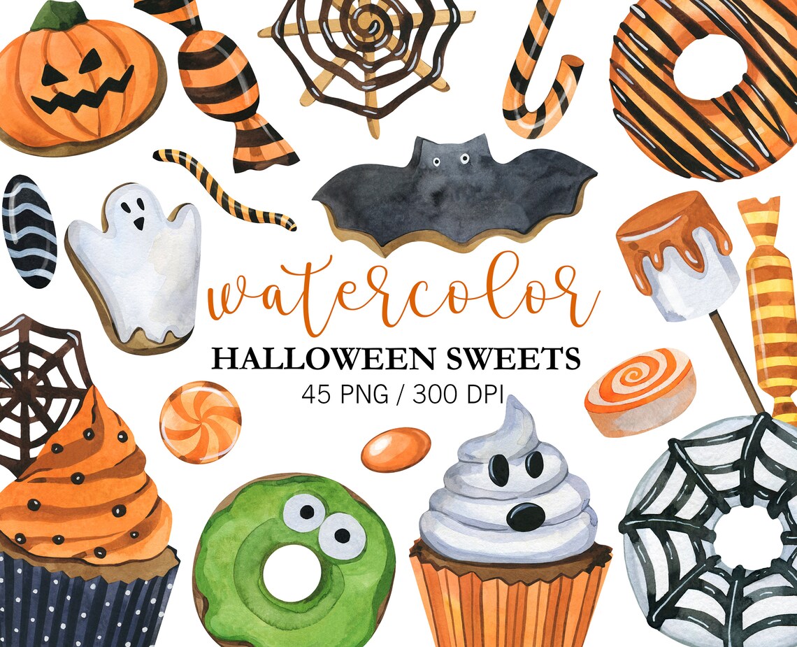 Watercolor Halloween Sweets Clipart Halloween PNG Fall - Etsy