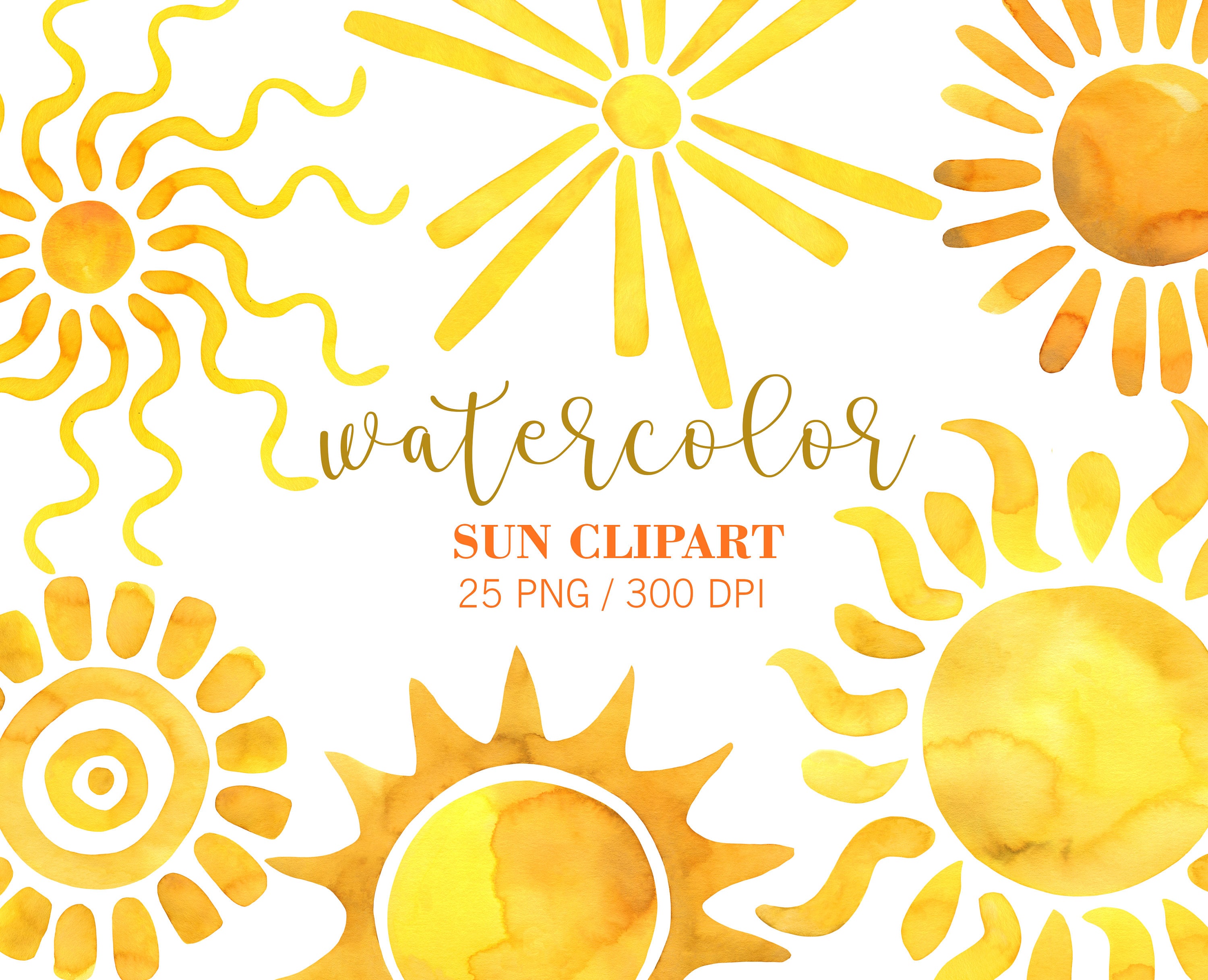 Watercolor Sun Clipart Digital Sun Clip Art Hand Painted | Etsy