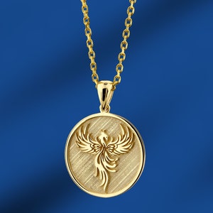 14K Solid Gold Phoenix Necklace, Phoenix Bird Medallion, Rising Phoenix ...