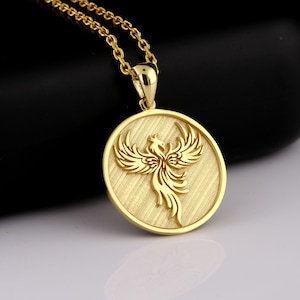 14K Solid Gold Phoenix Necklace, Phoenix Bird Medallion, Rising Phoenix ...