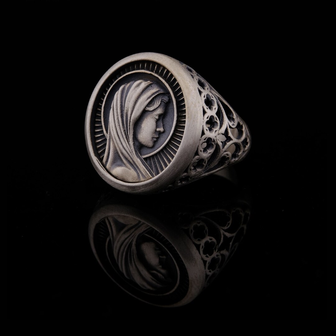 Silver Handmade Virgin Mary Ring for Mens, Oxidized Silver Christian ...