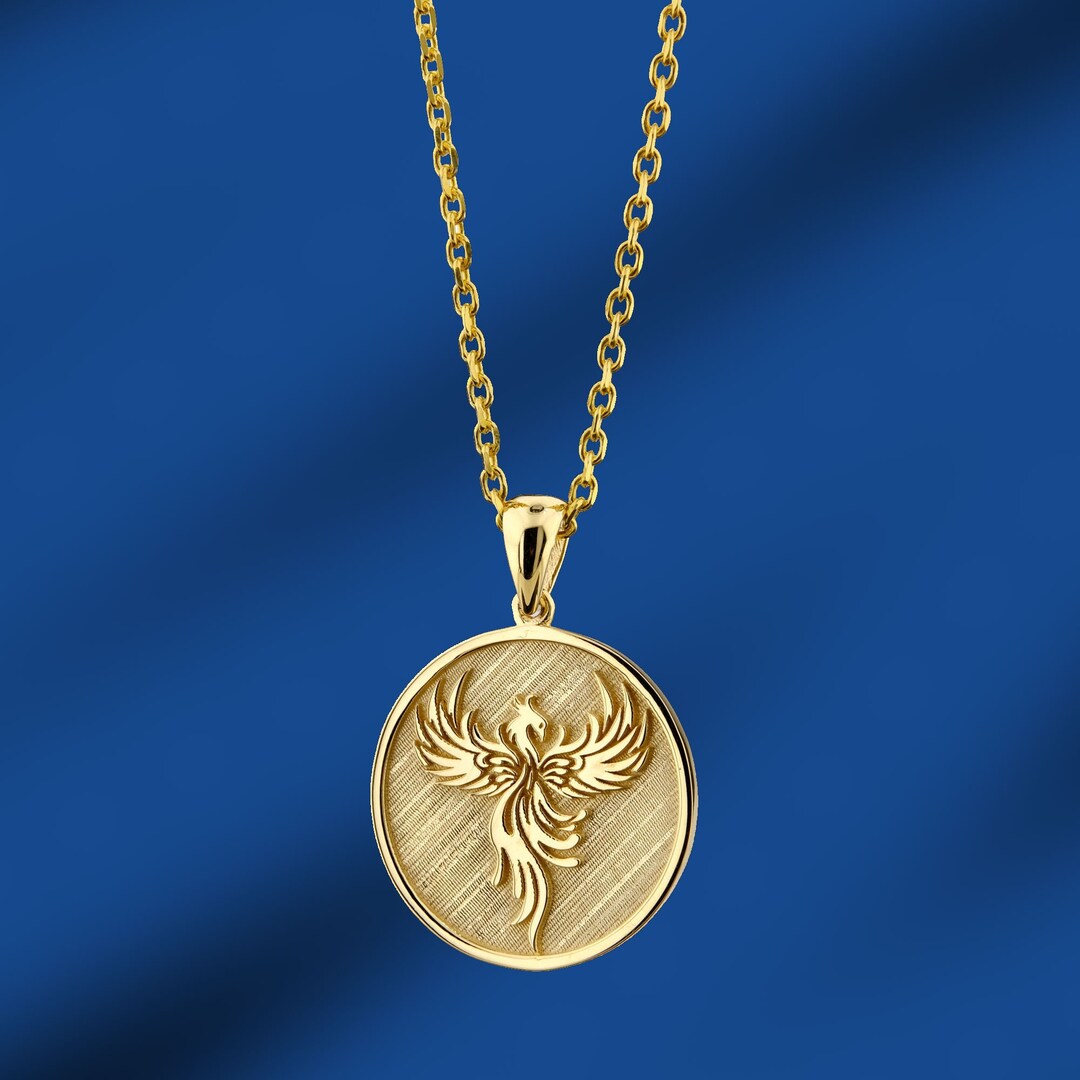 14K Solid Gold Phoenix Necklace, Phoenix Bird Medallion, Rising Phoenix ...