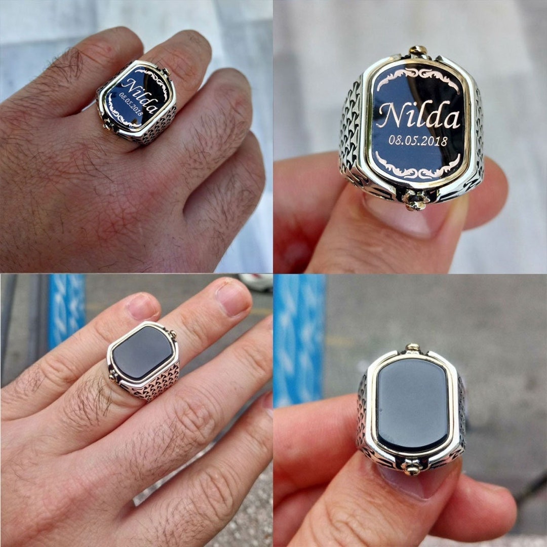 Sterling Silver Onyx Personalized Name Ring - Etsy