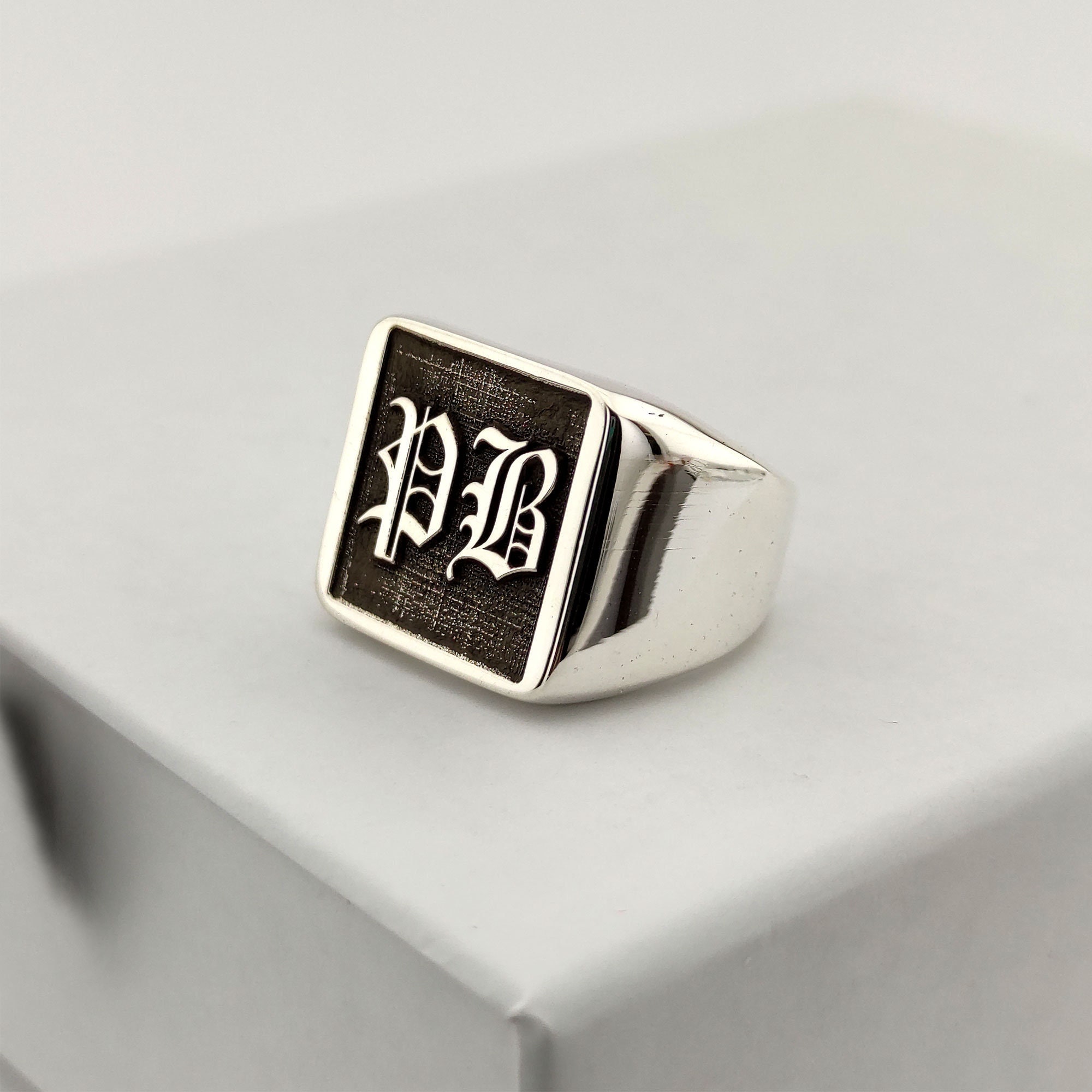 Square Signet Ring Mens Initial Ring Women Initial Ring Monogram Signet Ring Old English Ring Personalized Ring Custom Silver Ring Etsy