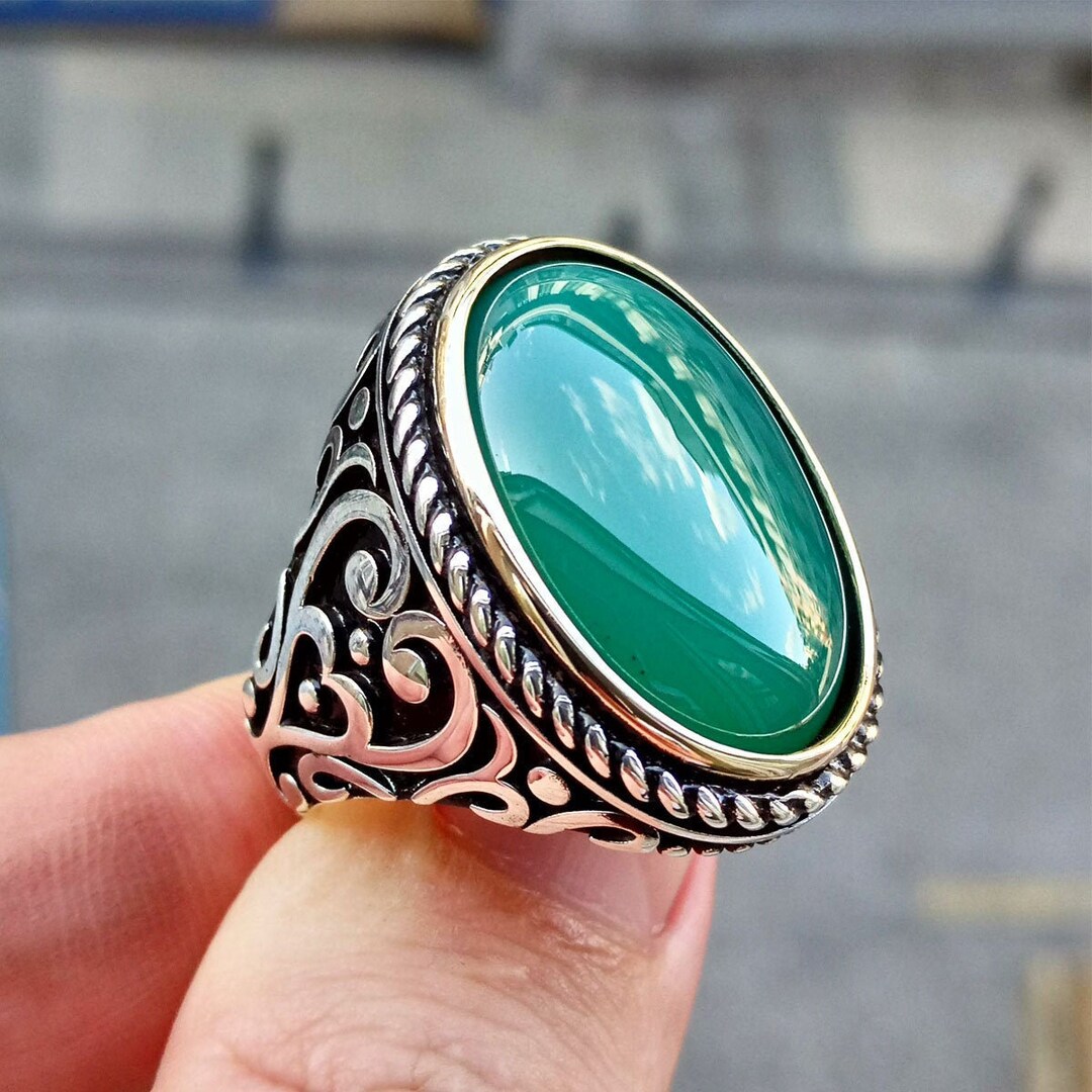 925k Sterling Silver Green Agate Stone Men Ring,green Agate Man Ring ...
