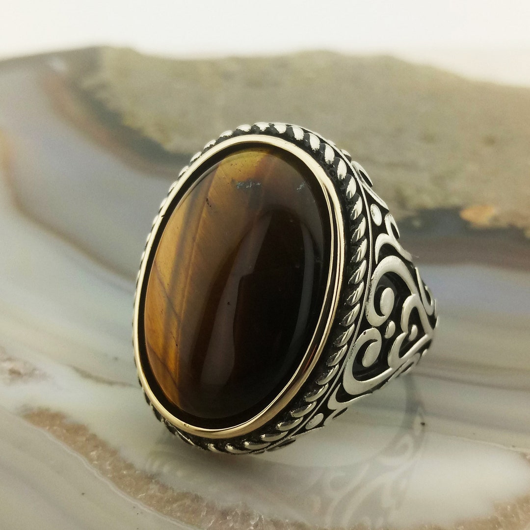 Tiger Eye Ring, Tiger Eye Silver Men Ring, Brown Gemstone Handmade Mens ...