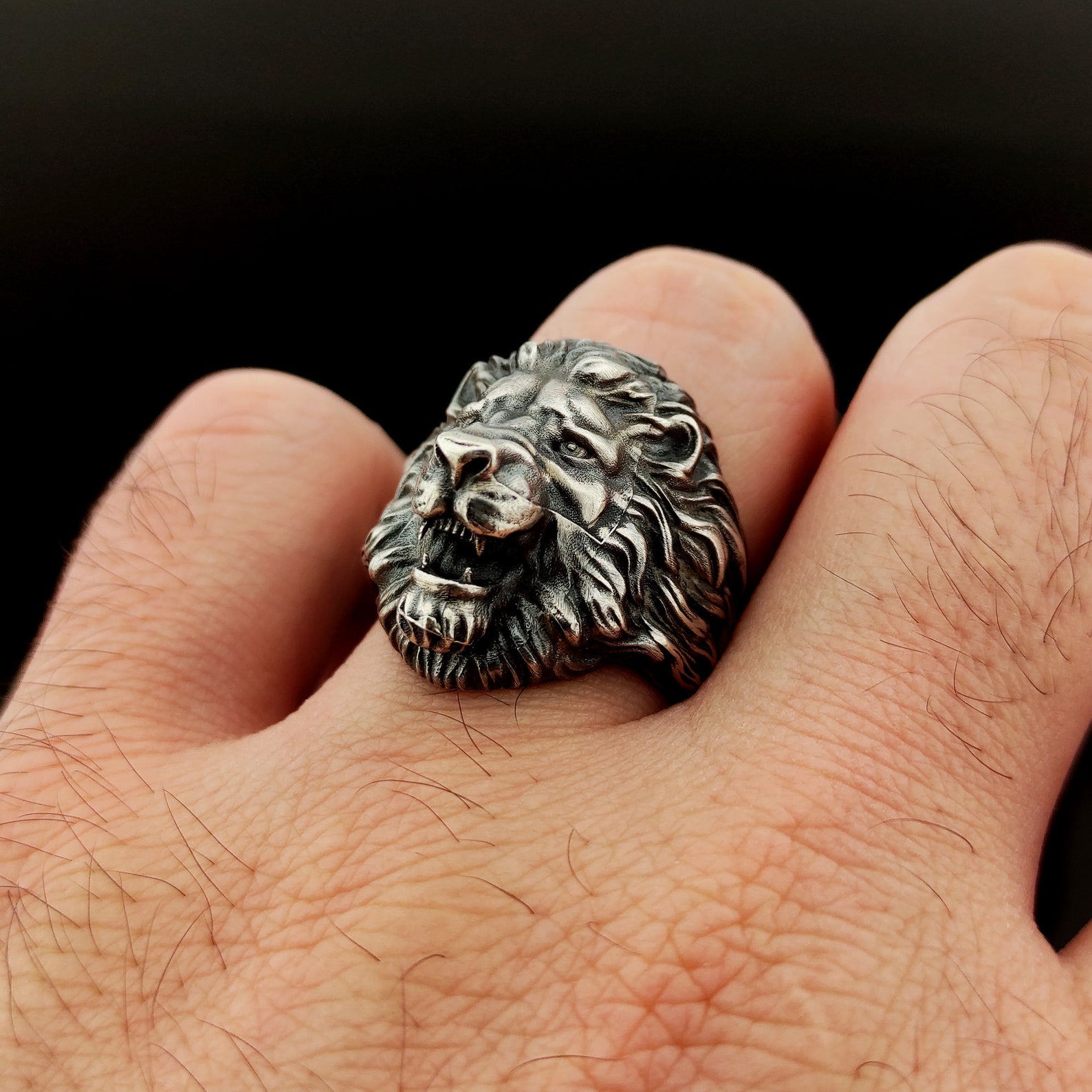 Lion Ring Silver Oxide Lion Head Ring Mens Lion Ring Silver | Etsy