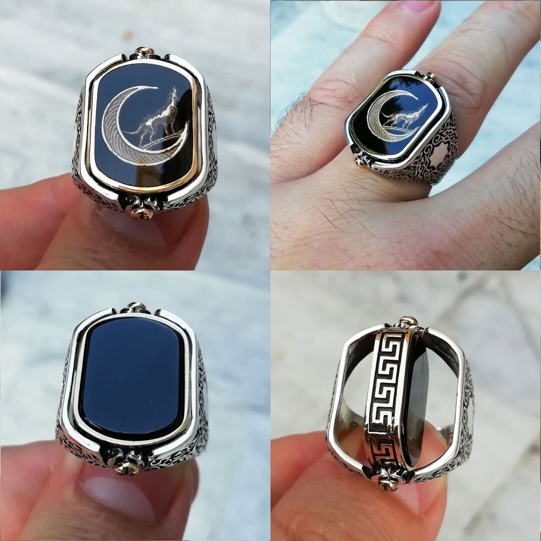 Double-sided Gray Wolf and Black Onyx Stone Silver Men's Ring , 925 ...