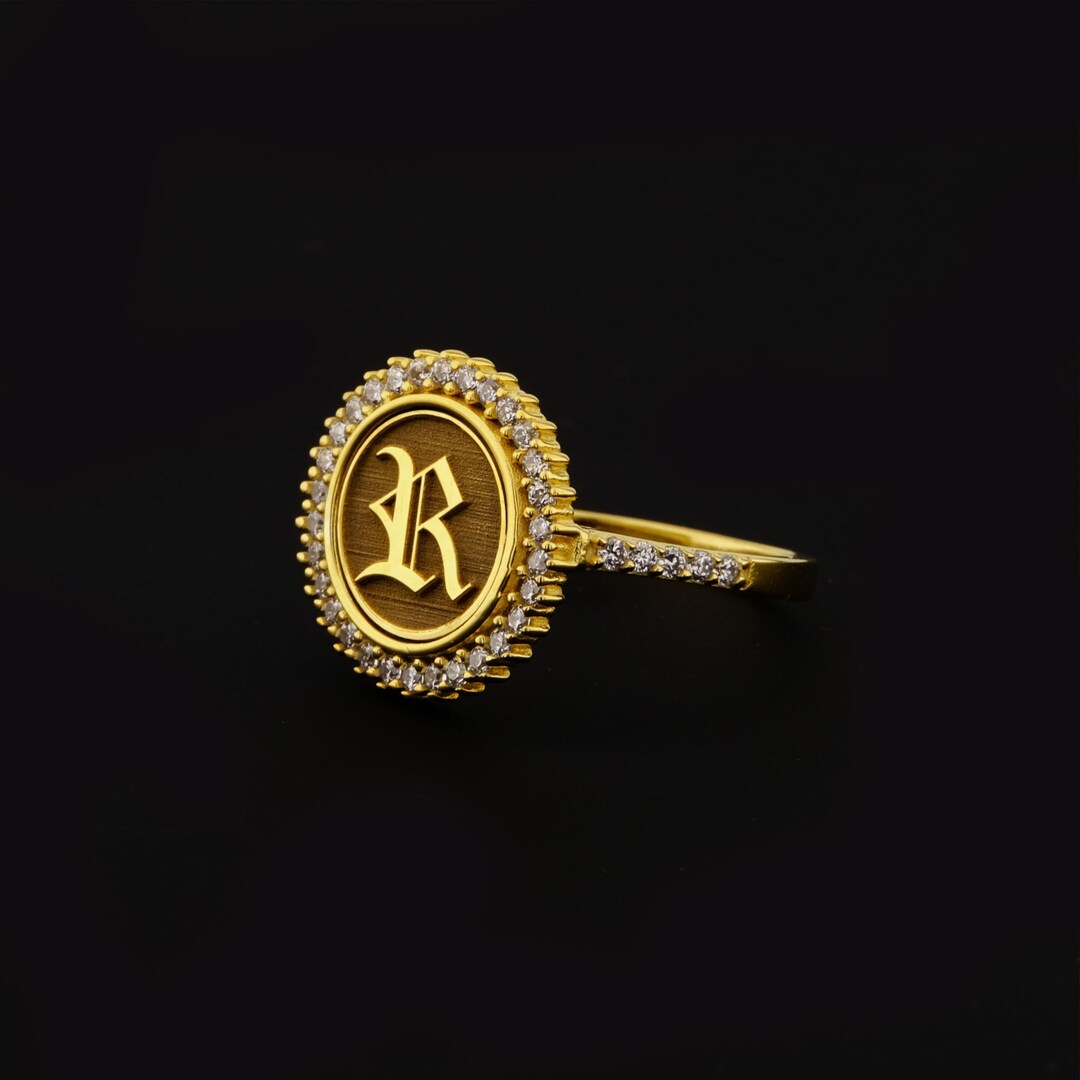 14k Solid Gold Ring,14k Gold Initial Ring,monogram Gemstone Ring ...