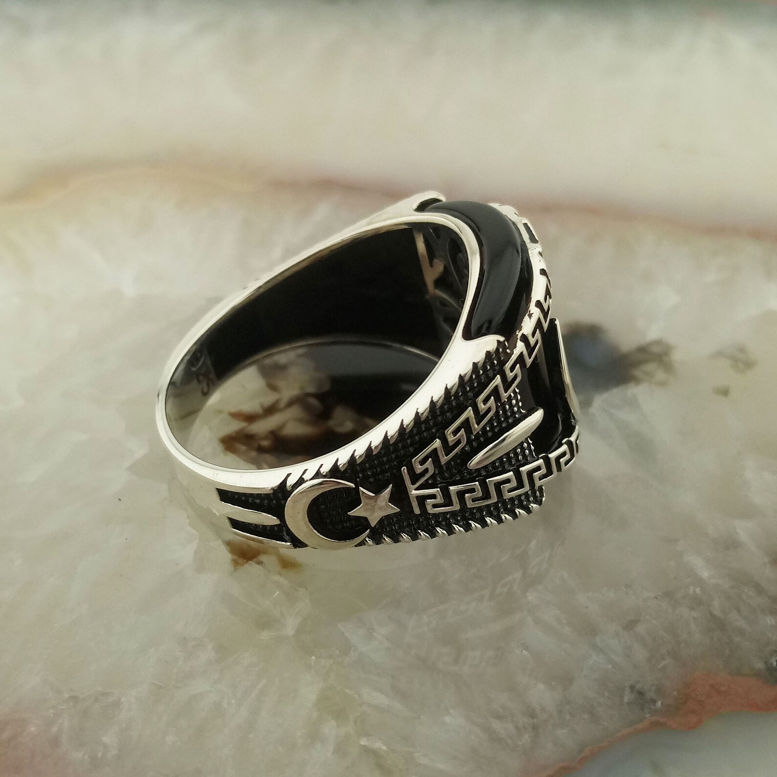 925k Silver Black Stone Moon Star Men Ring,handmade Stone Turkish Men ...