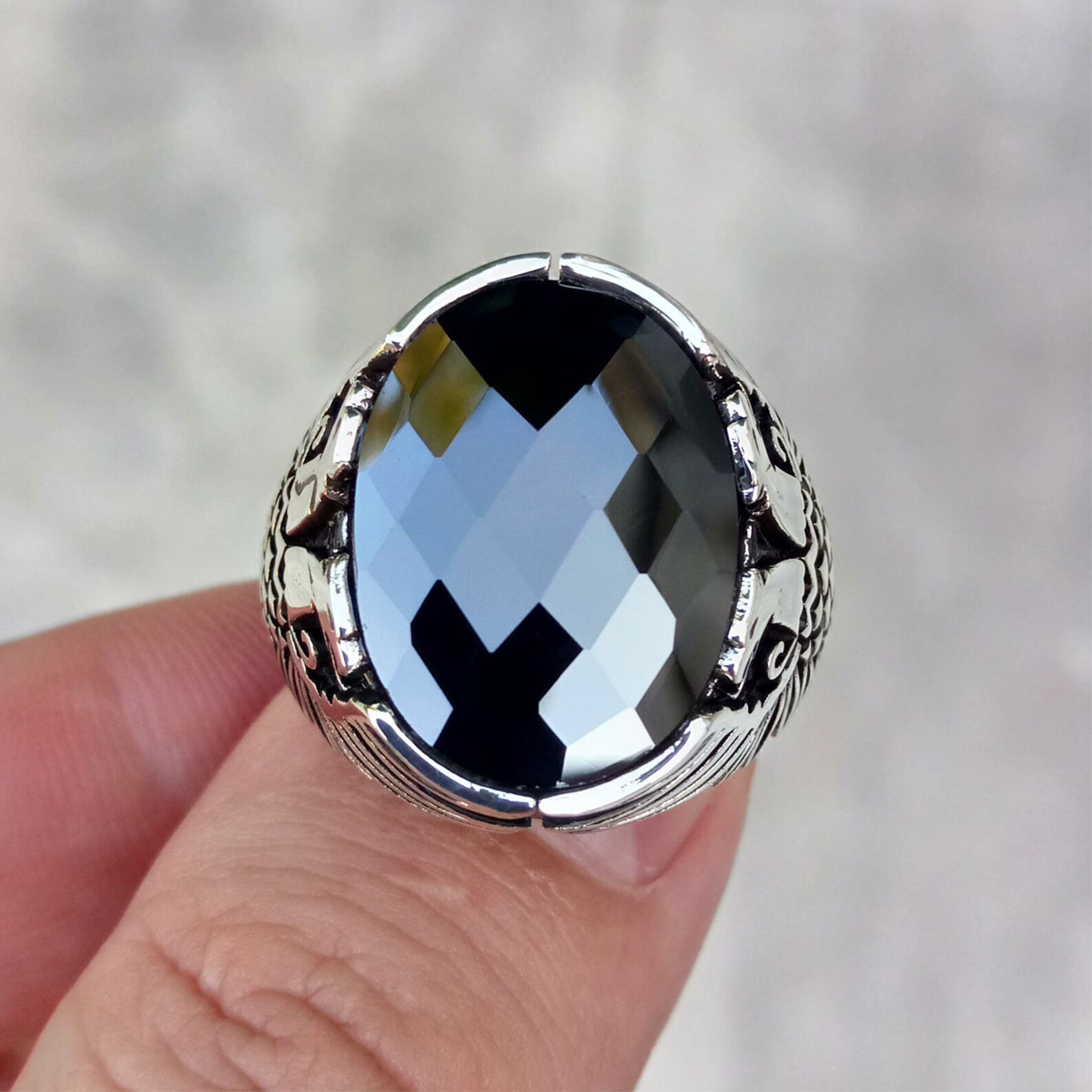 925 Sterling Silver Double Headed Eagle Engraved Black Zircon - Etsy