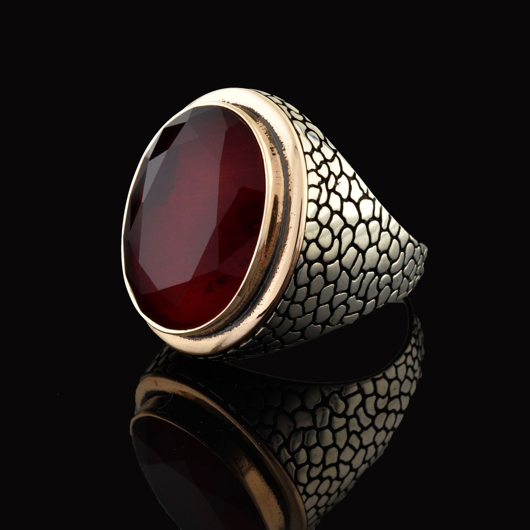 Red Stone Wall Patterned Silver Men's Ring,red Stone Silver Men Ring ...