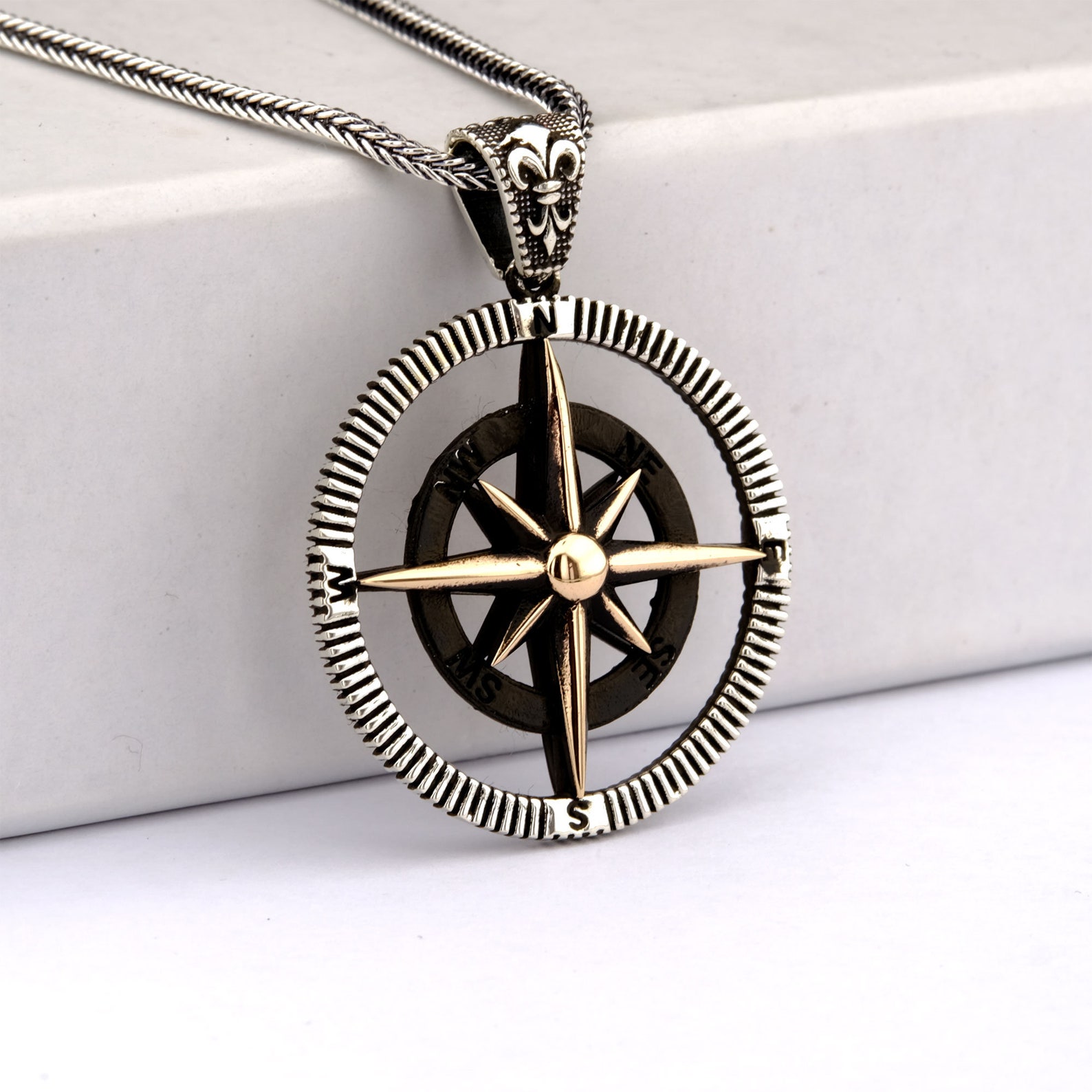 Mens Silver Compass Necklace 925 Sterling Silver Necklace - Etsy