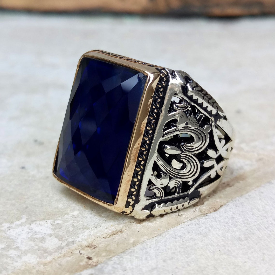 925 Sterling Silver Blue Zircon Stone Bronze Detailed Men | Etsy
