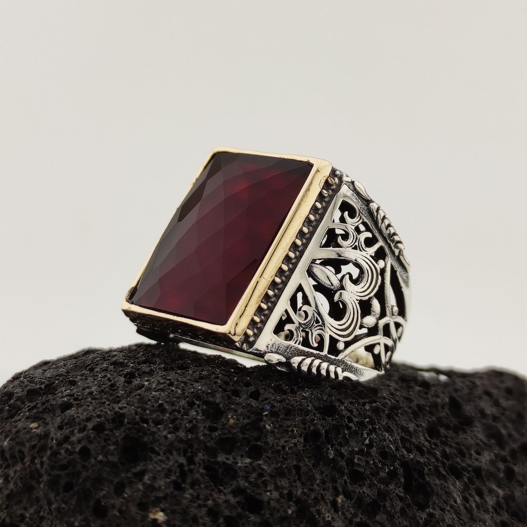 Silver Red Ruby Gemstone Men's Ring, Red Stone Silver Men Ring, Stylish ...