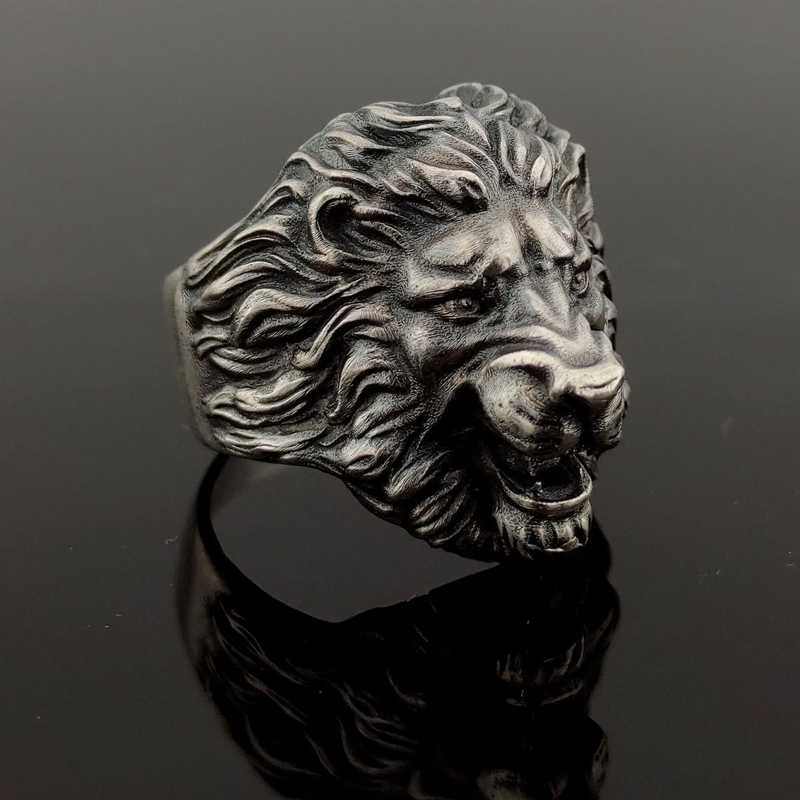 Lion Ring Silver Oxide Lion Head Ring Mens Lion Ring Silver | Etsy